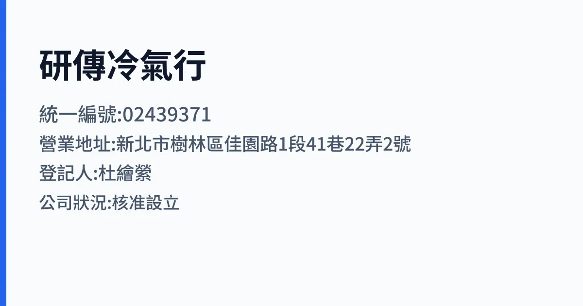 研傳冷氣行 - 統編 02439371(新北市) 公司登記資料與營業項目詳細圖表