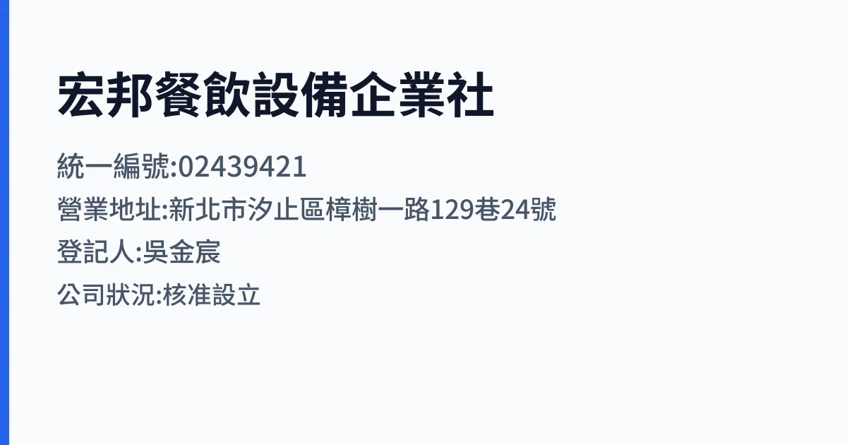 宏邦餐飲設備企業社 - 統編 02439421(新北市) 公司登記資料與營業項目詳細圖表