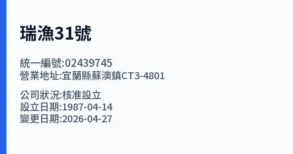 瑞漁31號的照片-統編 02439745(宜蘭縣) 公司登記資料與營業項目詳細圖表