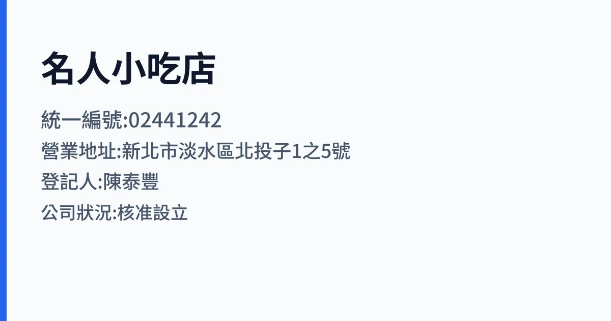 名人小吃店 - 統編 02441242(新北市) 公司登記資料與營業項目詳細圖表