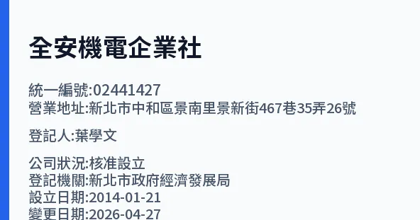 全安機電企業社的照片-統編 02441427(新北市) 公司登記資料與營業項目詳細圖表