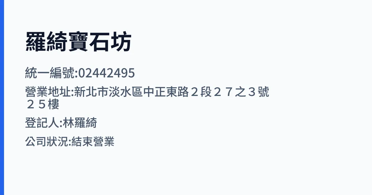 羅綺寶石坊 - 統編 02442495(新北市) 公司登記資料與營業項目詳細圖表