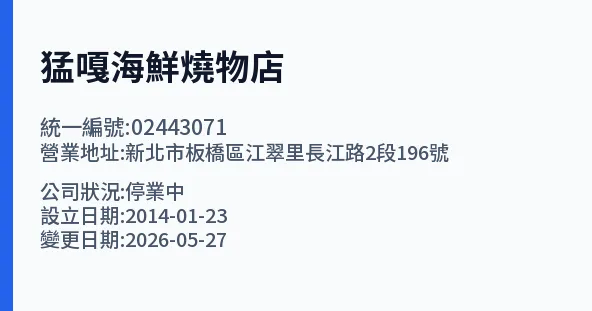 猛嘎海鮮燒物店的照片-統編 02443071(新北市) 公司登記資料與營業項目詳細圖表