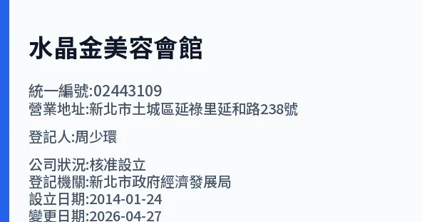 水晶金美容會館的照片-統編 02443109(新北市) 公司登記資料與營業項目詳細圖表