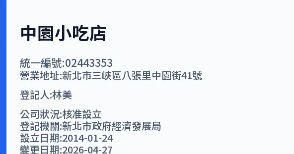 中園小吃店的照片-統編 02443353(新北市) 公司登記資料與營業項目詳細圖表