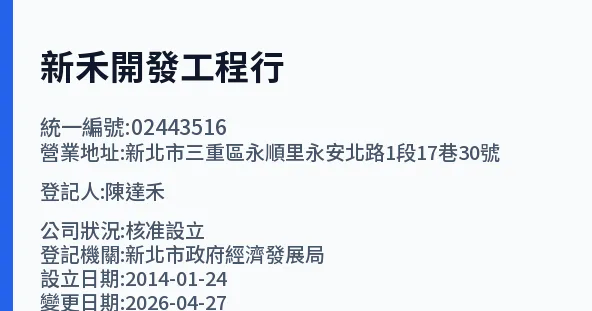 新禾開發工程行的照片-統編 02443516(新北市) 公司登記資料與營業項目詳細圖表