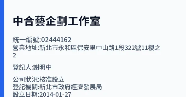中合藝企劃工作室的照片-統編 02444162(新北市) 公司登記資料與營業項目詳細圖表