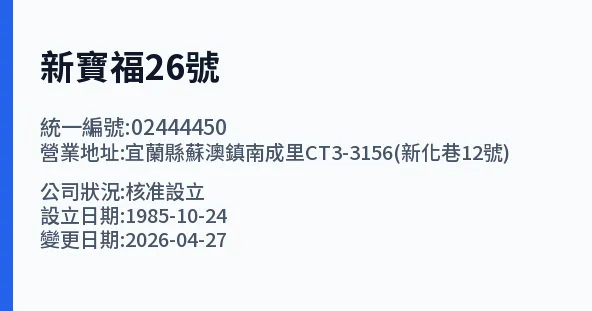 新寶福26號的照片-統編 02444450(宜蘭縣) 公司登記資料與營業項目詳細圖表