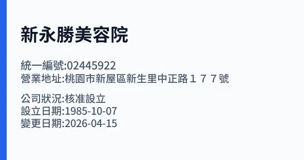 新永勝美容院的照片-統編 02445922(桃園市) 公司登記資料與營業項目詳細圖表