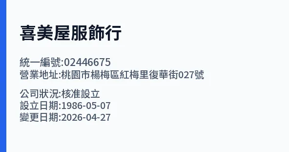 喜美屋服飾行的照片-統編 02446675(桃園市) 公司登記資料與營業項目詳細圖表