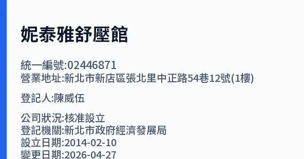 妮泰雅舒壓館的照片-統編 02446871(新北市) 公司登記資料與營業項目詳細圖表