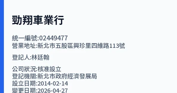 勁翔車業行的照片-統編 02449477(新北市) 公司登記資料與營業項目詳細圖表