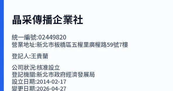 晶采傳播企業社的照片-統編 02449820(新北市) 公司登記資料與營業項目詳細圖表