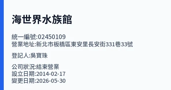 海世界水族館的照片-統編 02450109(新北市) 公司登記資料與營業項目詳細圖表