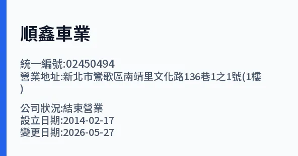 順鑫車業的照片-統編 02450494(新北市) 公司登記資料與營業項目詳細圖表