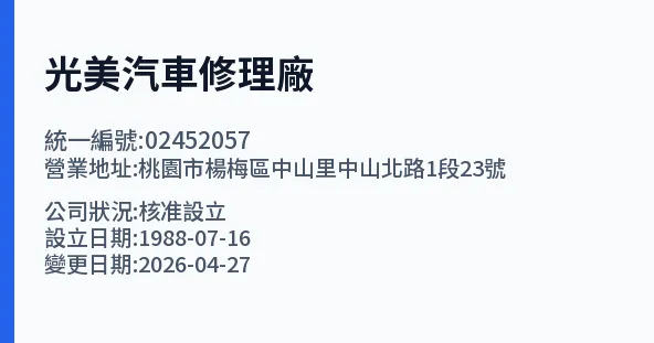 光美汽車修理廠的照片-統編 02452057(桃園市) 公司登記資料與營業項目詳細圖表