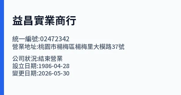 益昌實業商行的照片-統編 02472342(桃園市) 公司登記資料與營業項目詳細圖表
