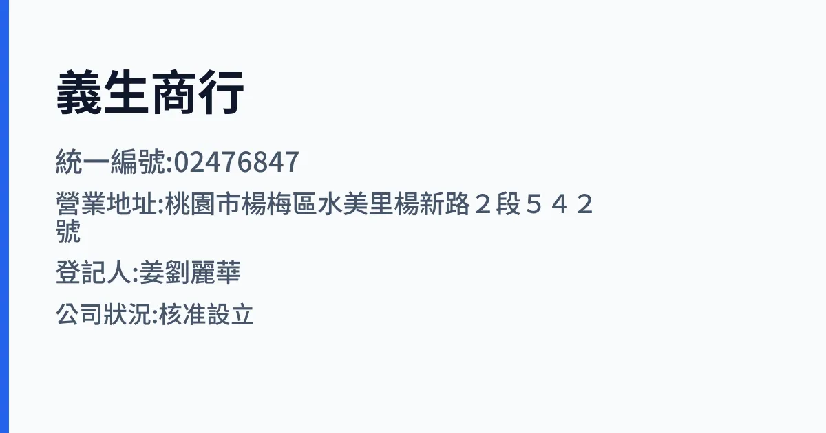 義生商行 - 統編 02476847(桃園市) 公司登記資料與營業項目詳細圖表