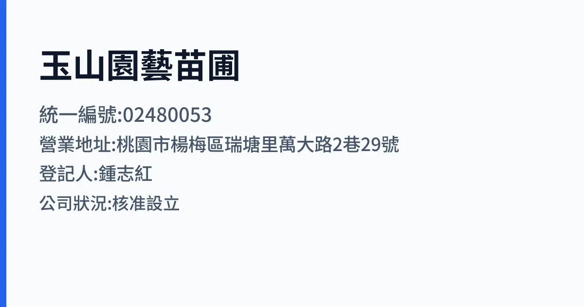 玉山園藝苗圃 - 統編 02480053(桃園市) 公司登記資料與營業項目詳細圖表