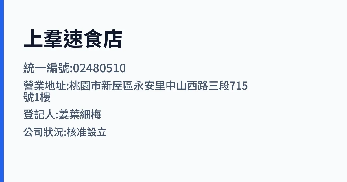 上羣速食店 - 統編 02480510(桃園市) 公司登記資料與營業項目詳細圖表