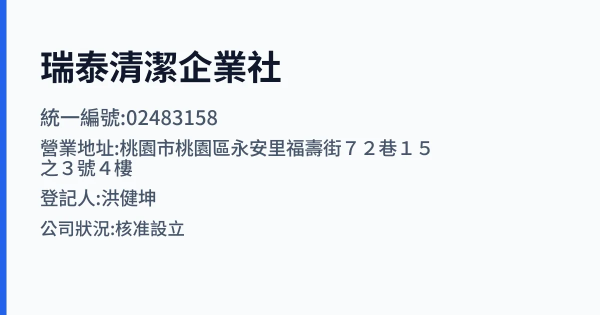 瑞泰清潔企業社 - 統編 02483158(桃園市) 公司登記資料與營業項目詳細圖表