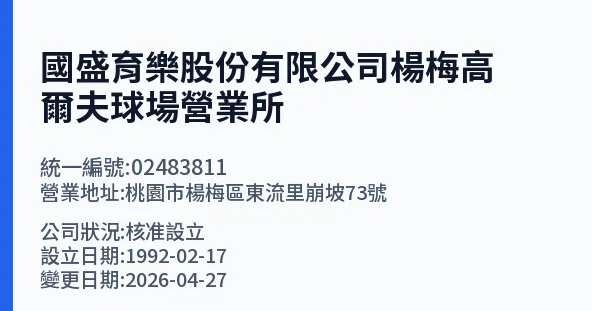 國盛育樂股份有限公司楊梅高爾夫球場營業所的照片-統編 02483811(桃園市) 公司登記資料與營業項目詳細圖表