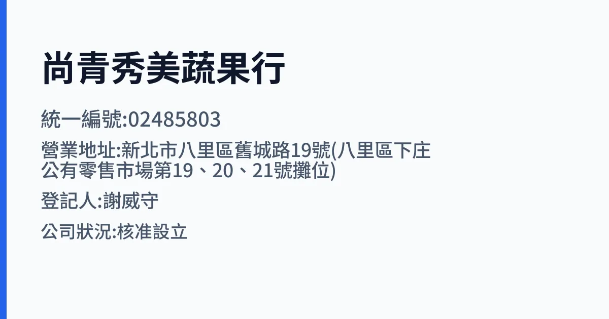 尚青秀美蔬果行 - 統編 02485803(新北市) 公司登記資料與營業項目詳細圖表