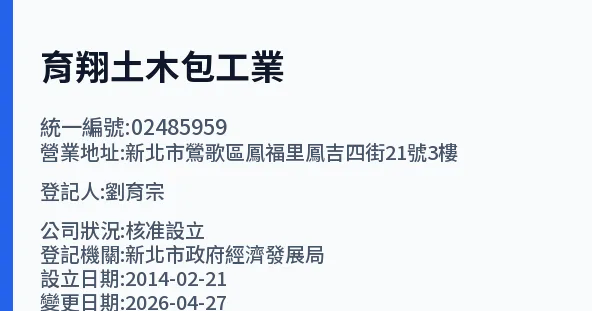 育翔土木包工業的照片-統編 02485959(新北市) 公司登記資料與營業項目詳細圖表