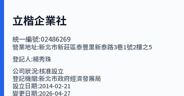 立楷企業社的照片-統編 02486269(新北市) 公司登記資料與營業項目詳細圖表