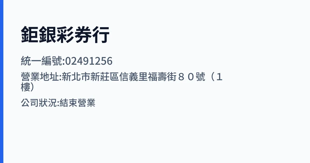 鉅銀彩券行 - 統編 02491256(新北市) 公司登記資料與營業項目詳細圖表