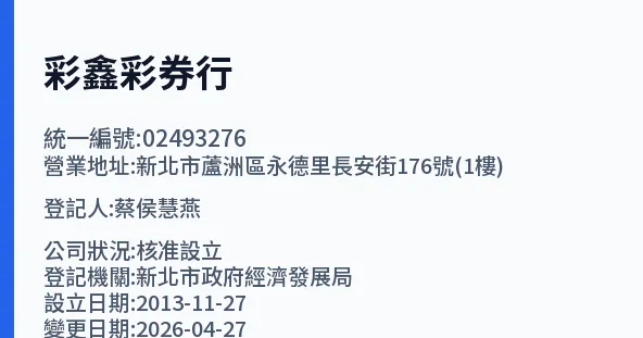 彩鑫彩券行的照片-統編 02493276(新北市) 公司登記資料與營業項目詳細圖表