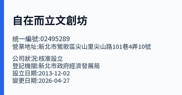 自在而立文創坊的照片-統編 02495289(新北市) 公司登記資料與營業項目詳細圖表