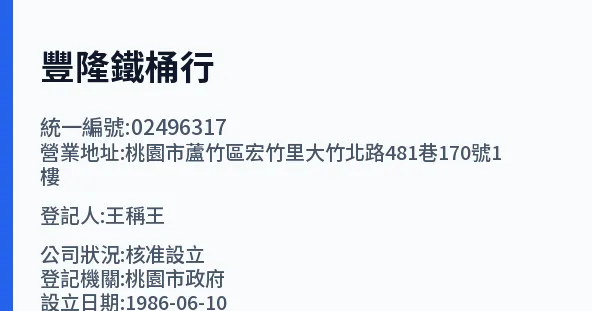 豐隆鐵桶行的照片-統編 02496317(桃園市) 公司登記資料與營業項目詳細圖表