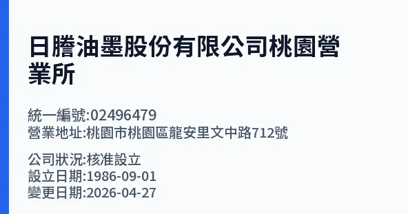 日謄油墨股份有限公司桃園營業所的照片-統編 02496479(桃園市) 公司登記資料與營業項目詳細圖表