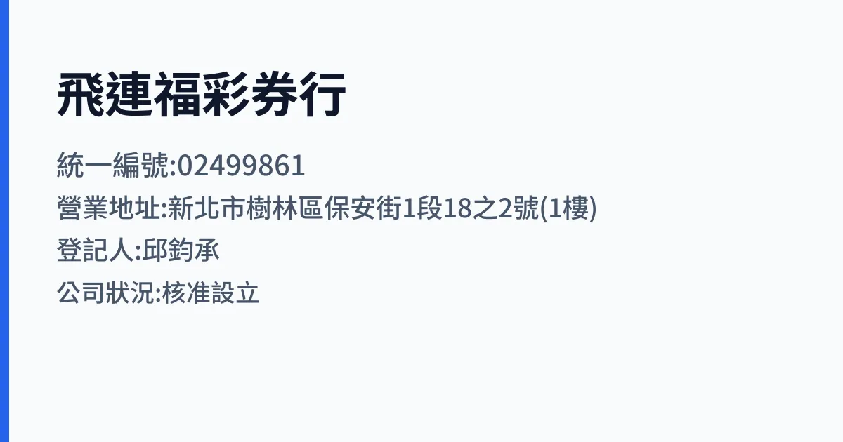 飛連福彩券行 - 統編 02499861(新北市) 公司登記資料與營業項目詳細圖表