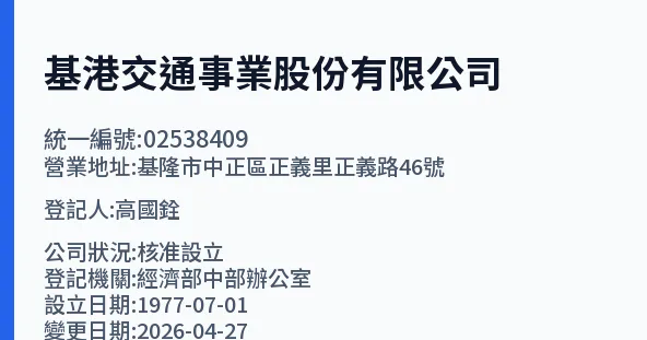 基港交通事業股份有限公司的照片-統編 02538409(基隆市) 公司登記資料與營業項目詳細圖表