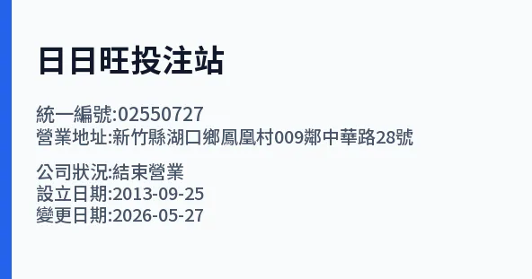 日日旺投注站的照片-統編 02550727(新竹縣) 公司登記資料與營業項目詳細圖表