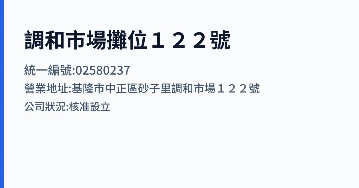 調和市場攤位122號 - 統編 02580237(基隆市) 公司登記資料與營業項目詳細圖表