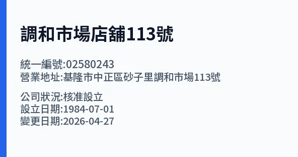 調和市場店舖113號的照片-統編 02580243(基隆市) 公司登記資料與營業項目詳細圖表