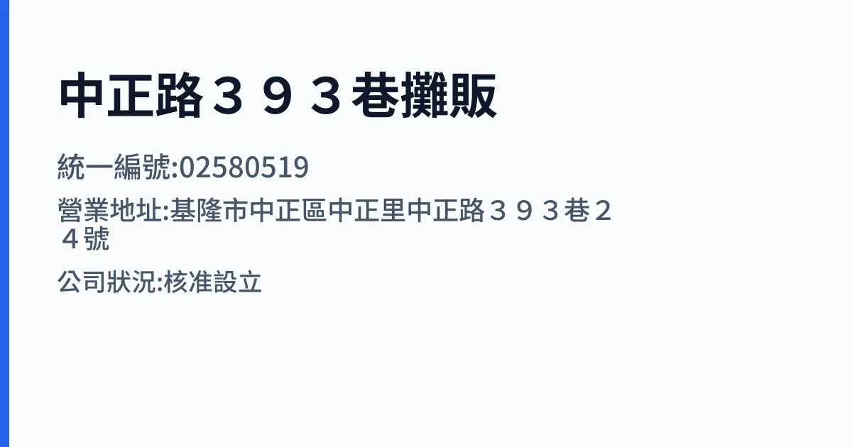 中正路３９３巷攤販 - 統編 02580519（基隆市） 公司登記資料與營業項目詳細圖表