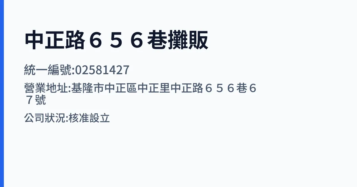 中正路６５６巷攤販 - 統編 02581427(基隆市) 公司登記資料與營業項目詳細圖表