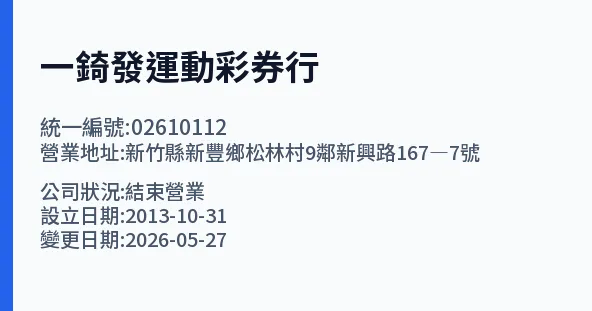 一錡發運動彩券行的照片-統編 02610112(新竹縣) 公司登記資料與營業項目詳細圖表