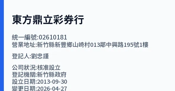 東方鼎立彩券行的照片-統編 02610181(新竹縣) 公司登記資料與營業項目詳細圖表