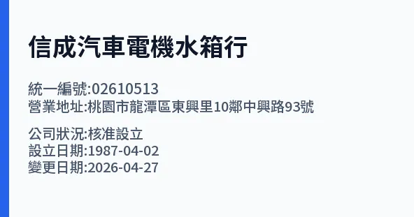 信成汽車電機水箱行的照片-統編 02610513(桃園市) 公司登記資料與營業項目詳細圖表