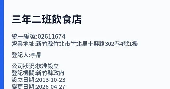 三年二班飲食店的照片-統編 02611674(新竹縣) 公司登記資料與營業項目詳細圖表