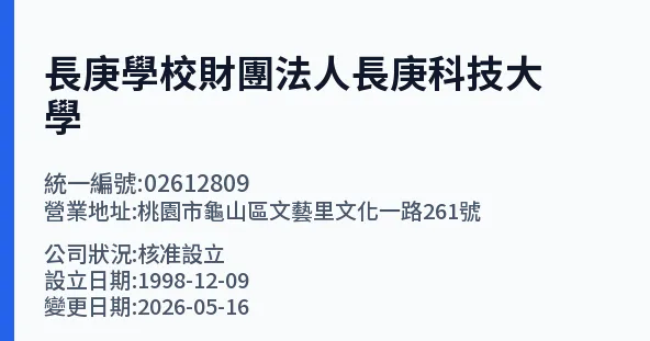 長庚學校財團法人長庚科技大學的照片-統編 02612809(桃園市) 公司登記資料與營業項目詳細圖表