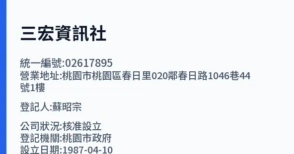 三宏資訊社的照片-統編 02617895(桃園市) 公司登記資料與營業項目詳細圖表