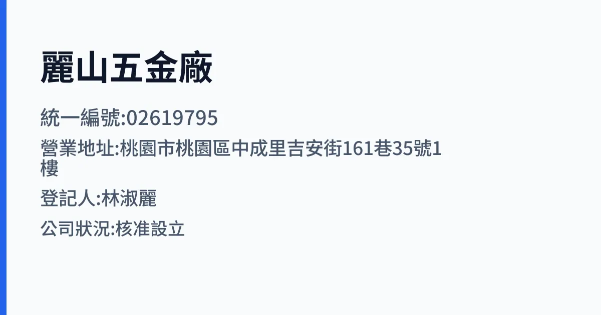 麗山五金廠 - 統編 02619795（桃園市） 公司登記資料與營業項目詳細圖表