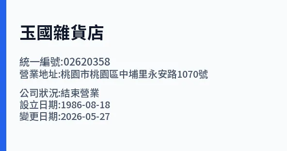 玉國雜貨店的照片-統編 02620358(桃園市) 公司登記資料與營業項目詳細圖表