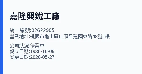 嘉隆興鐵工廠的照片-統編 02622905(桃園市) 公司登記資料與營業項目詳細圖表